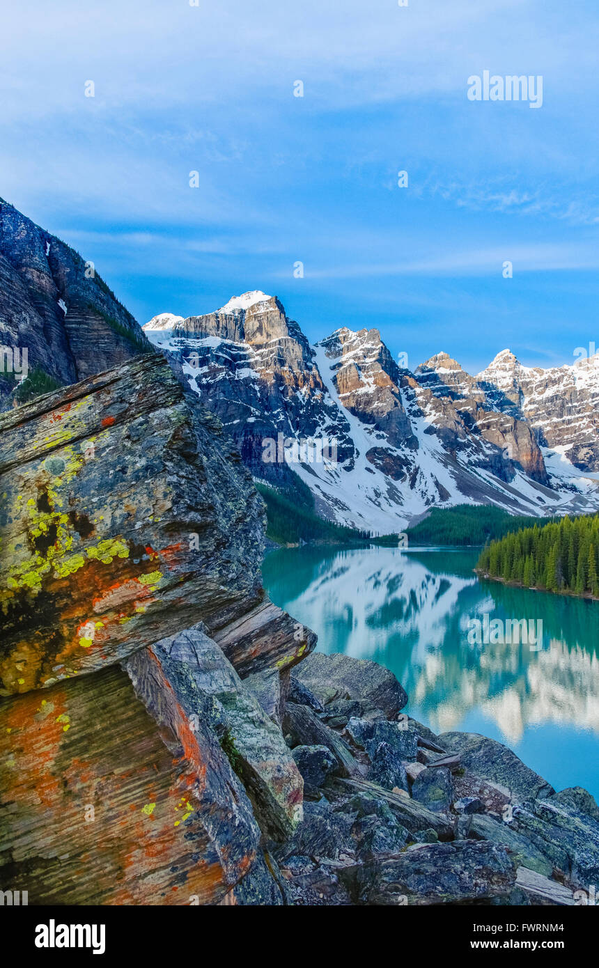 Lichen covered boulder at Moraine Lake, Valley of the Ten Peaks, Banff ...