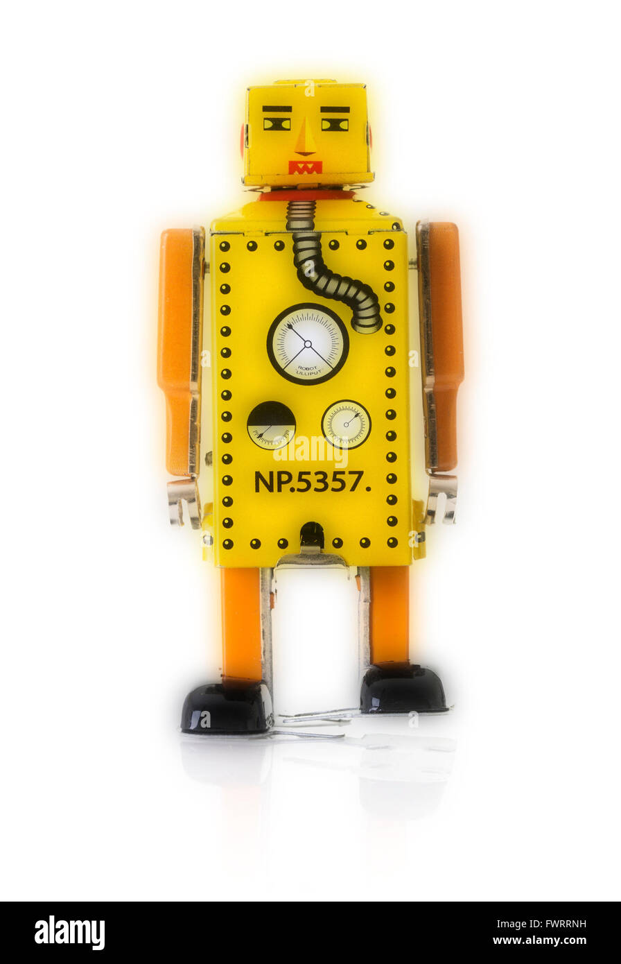 Lilliput Retro Tin Clockwork Robot on a White Background Stock Photo ...