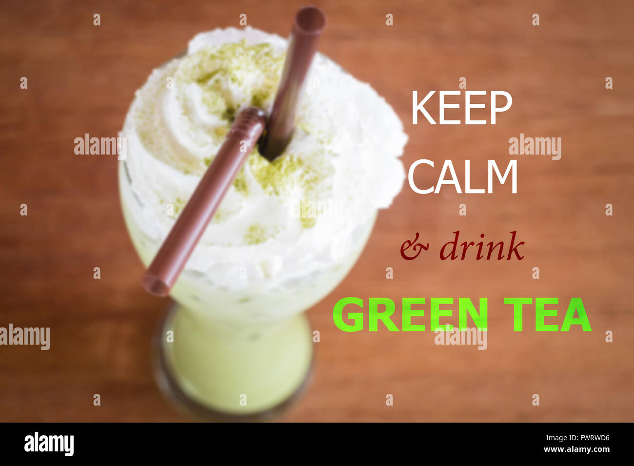 Keep calm and drink green tea quote on blur background Stock Photo - Alamy