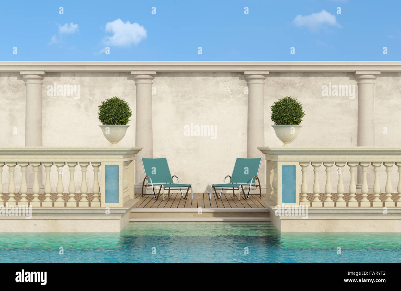 luxury swimming pool with classic balustrade and colonnade - 3d ...