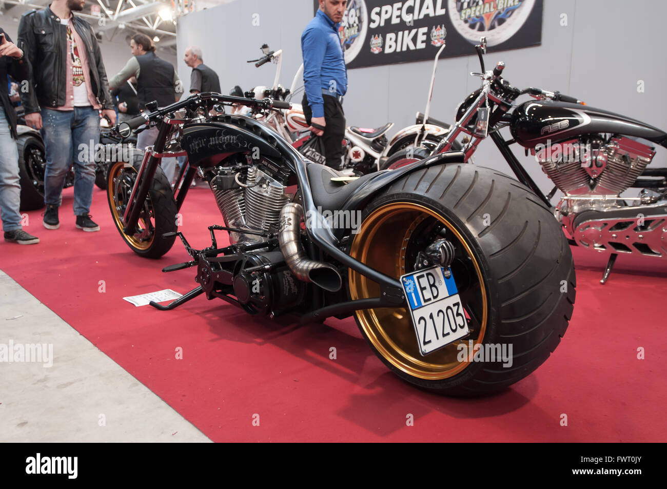 Rome, Italy - March 08, 2014: A custom motorcycle with big tires ...