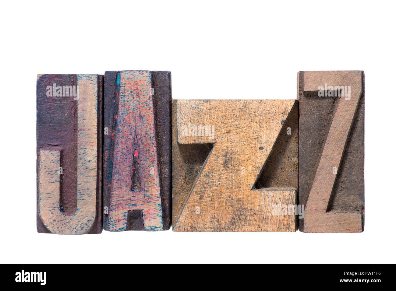 jazz word made from mixed wooden letterpress type isolated on white ...