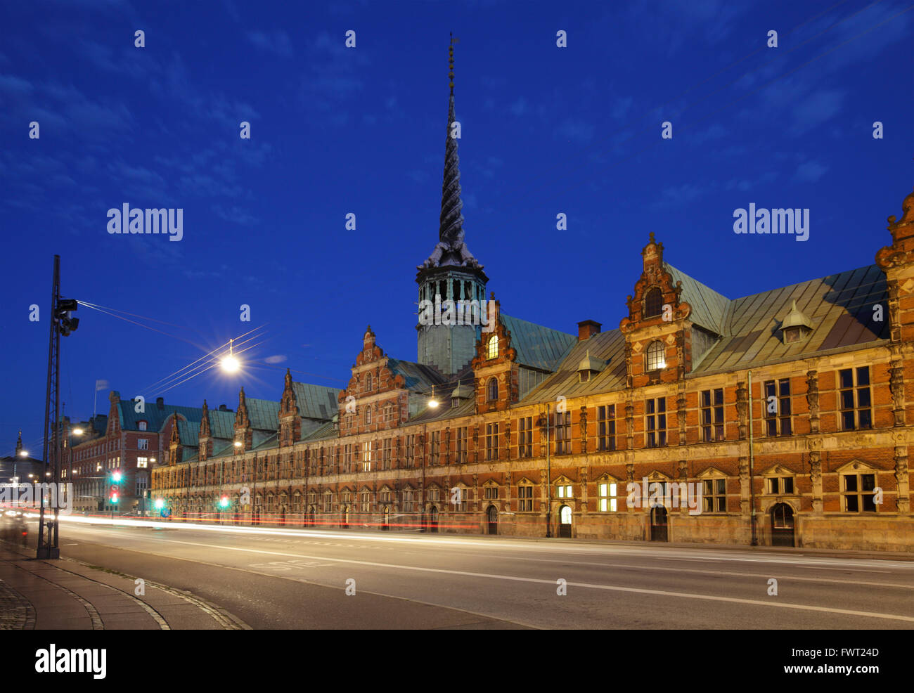 The Stock Exchange building at dusk, Copenhagen, Denmark Stock Photo ...
