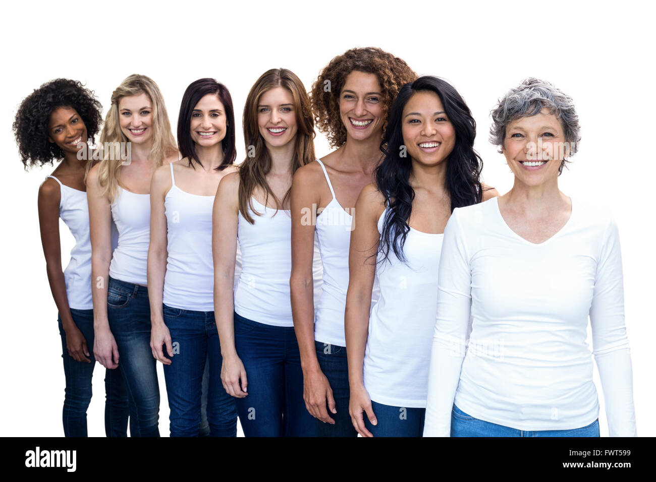 Happy multiethnic women standing in a line Stock Photo - Alamy