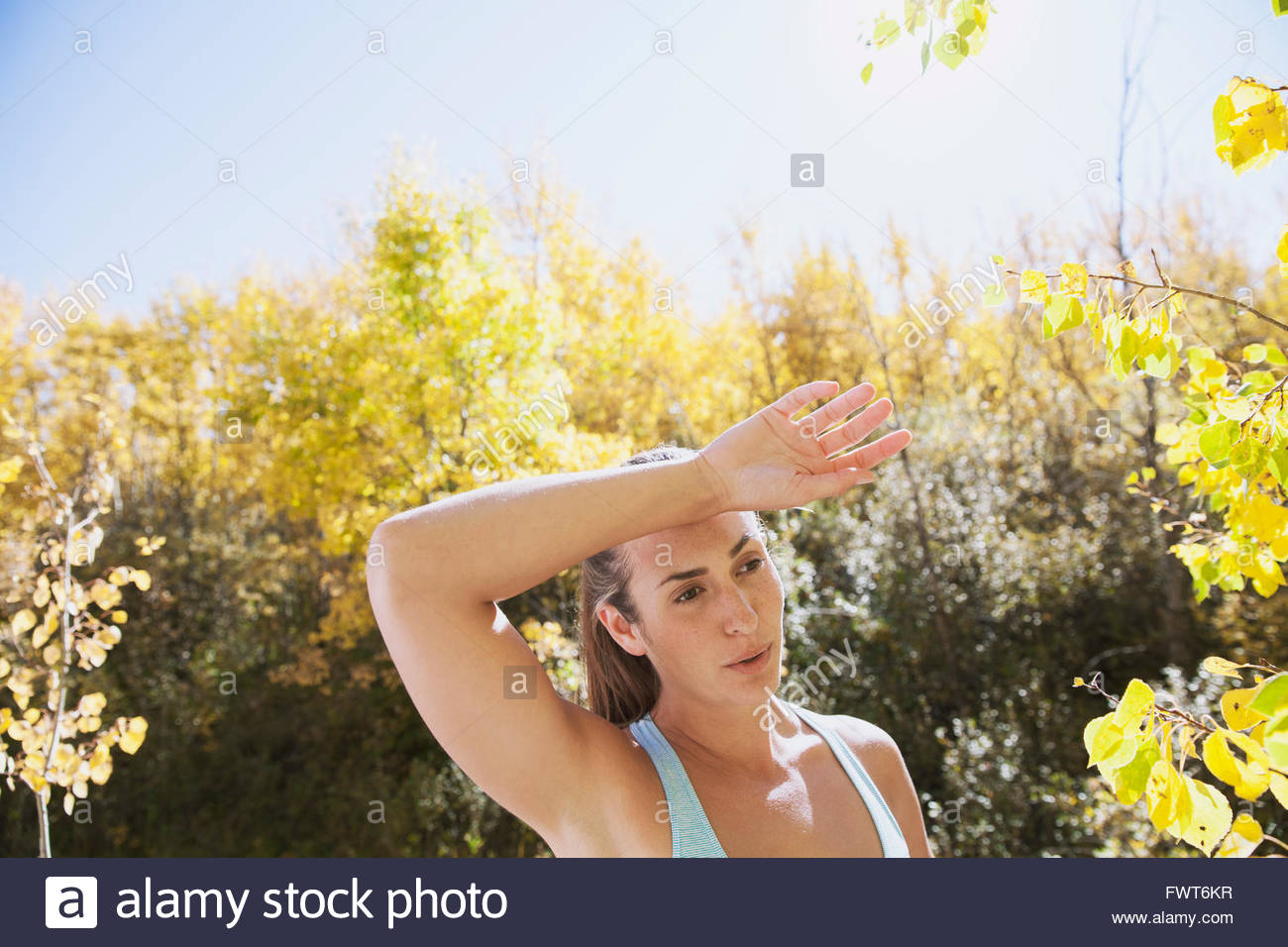 Woman wiping brow during outdoor workout Stock Photo - Alamy