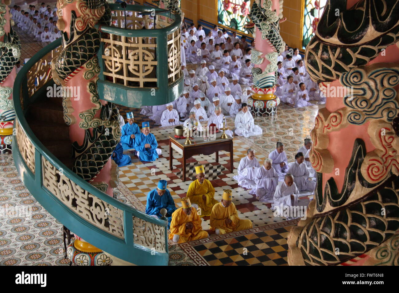 Inside of the "Holy See" temple at Tay Ninh, a beautiful Cao Dai temple ...