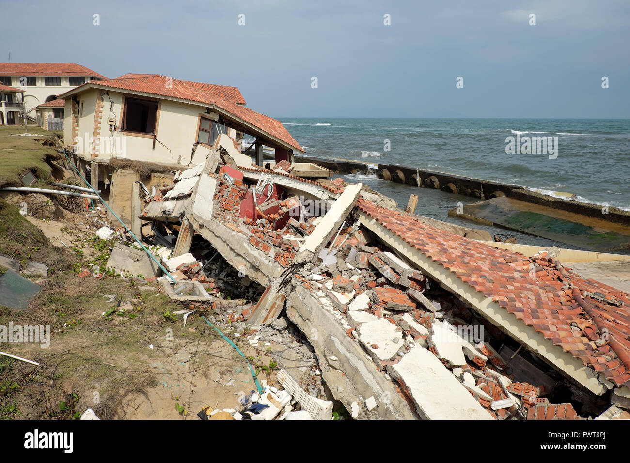 Erosion at seaside resort from climate change situation, wave broken ...