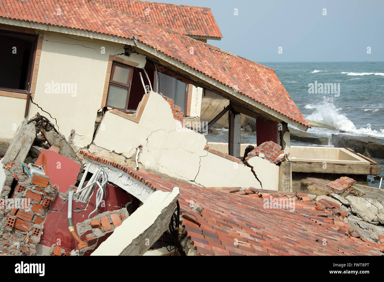 Erosion at seaside resort from climate change situation, wave broken ...