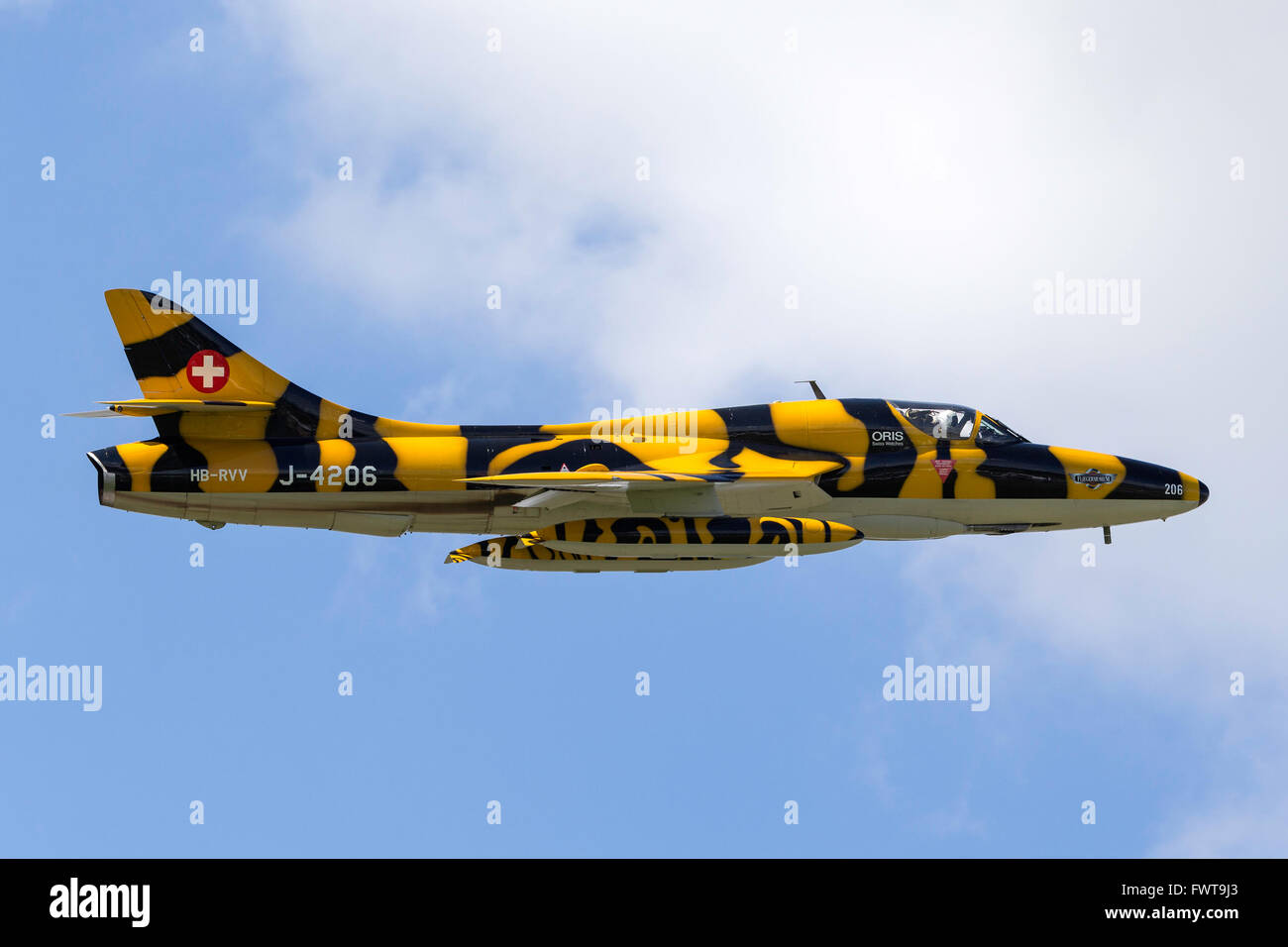 Hawker Hunter T.68 HB-RVV in the yellow and black tiger livery of ...