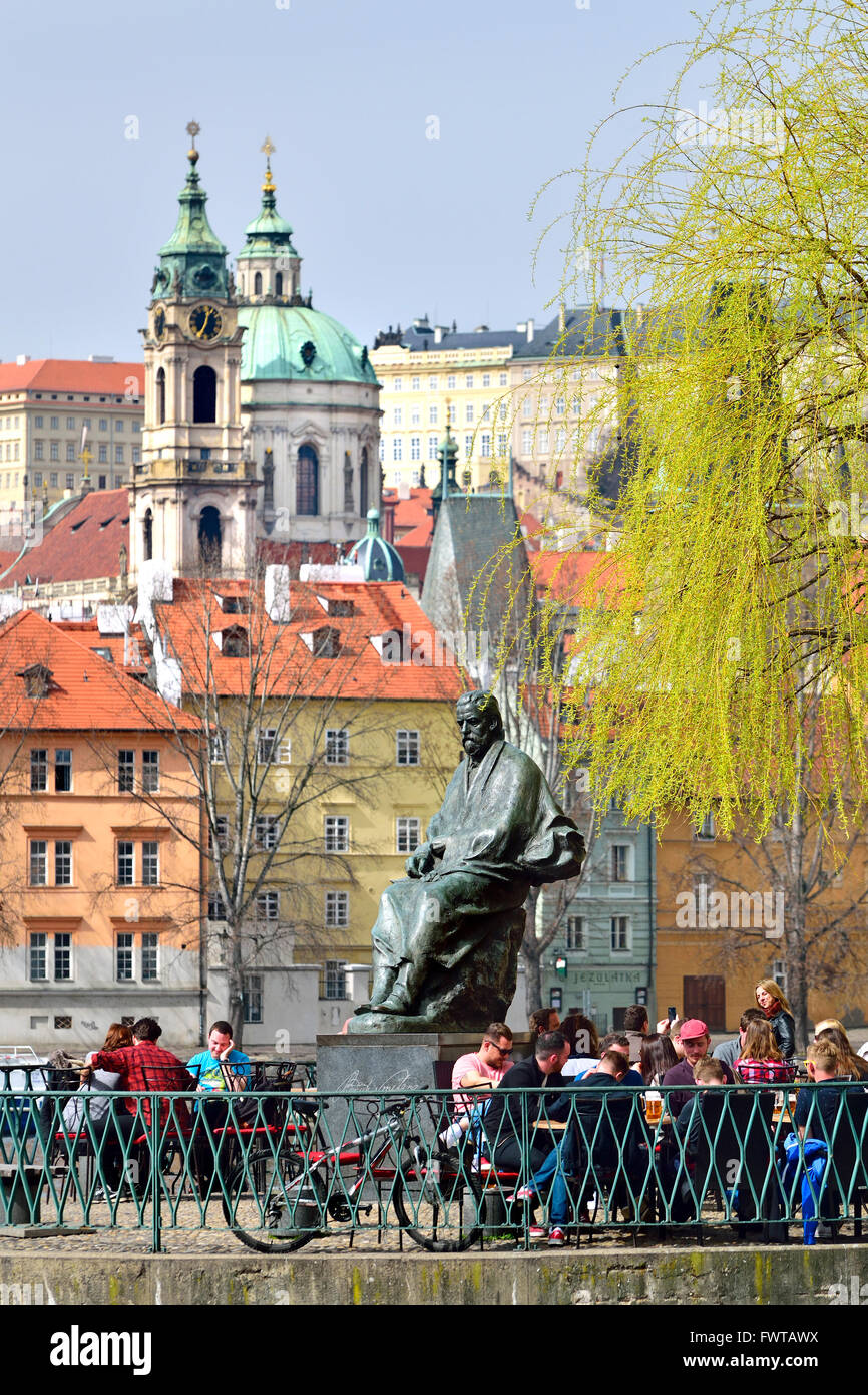 Prague, Czech Republic. Terrace of Club Lavka cafe overlooking the ...