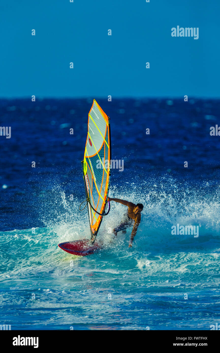 windsurfing Maui carving windswept waves Stock Photo - Alamy