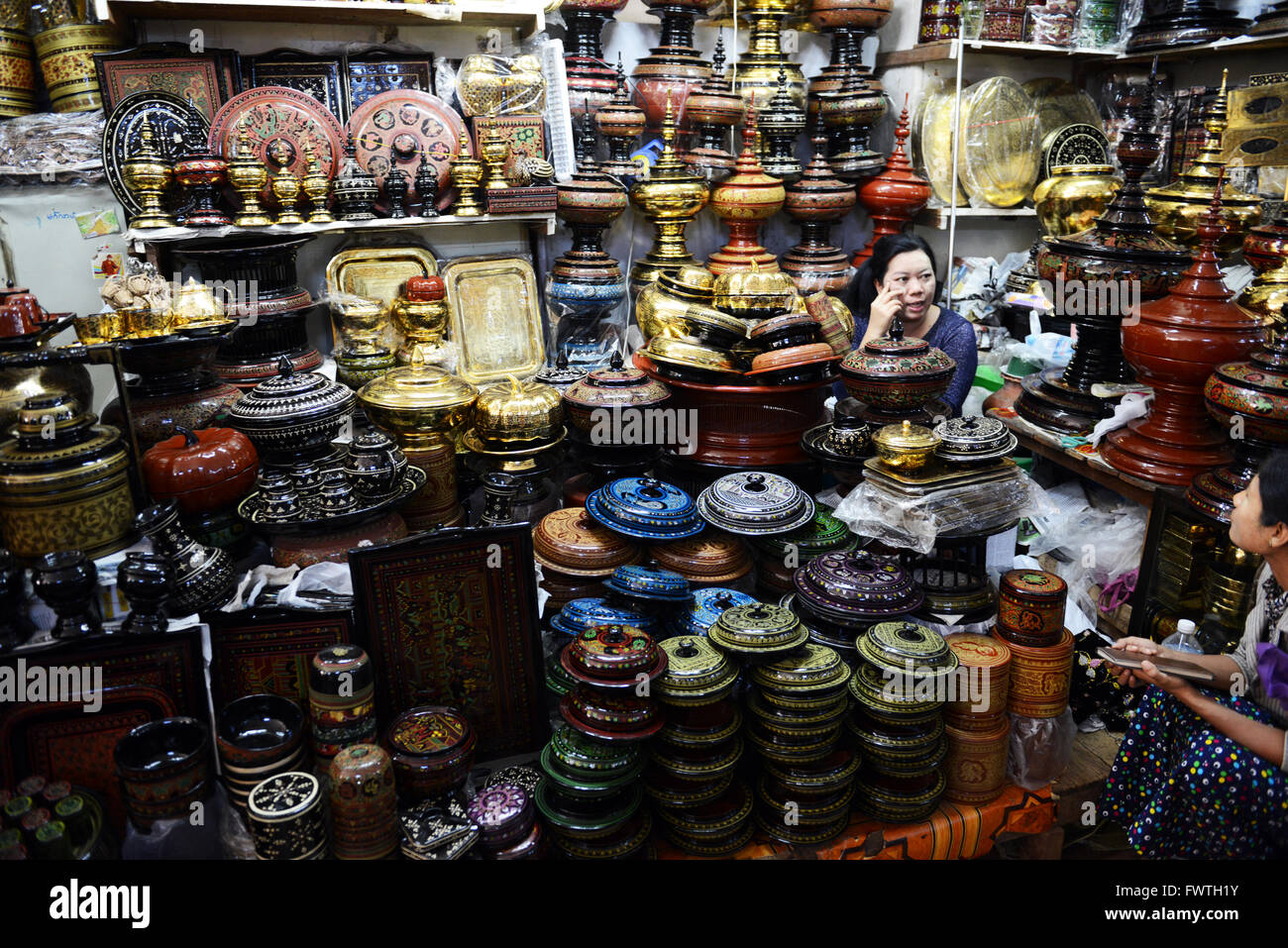 A colorful Burmese lacquerware shop in Pyay, Myanmar Stock Photo - Alamy