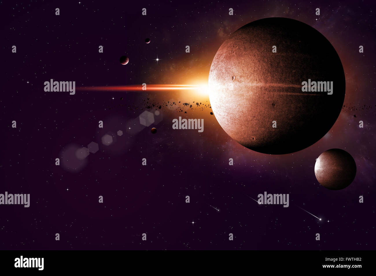 abstract imaginary deep space illustration with planets and asteroids ...