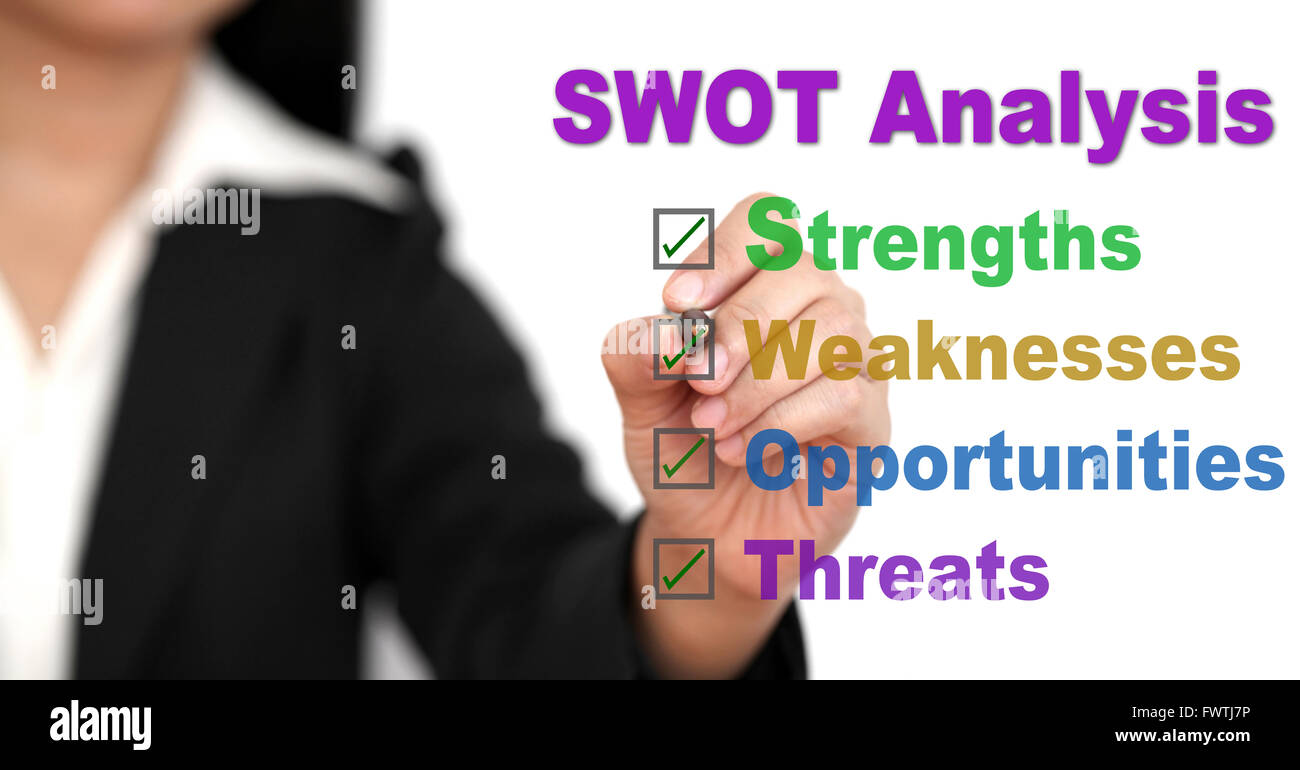 Attractive businesswoman writing SWOT analyze, isolated on white ...