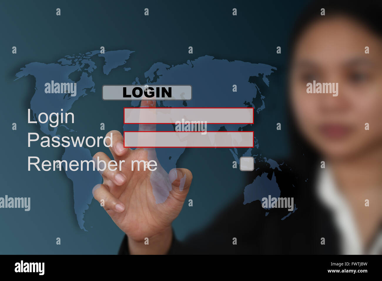 female hand push at login with world map background Stock Photo - Alamy