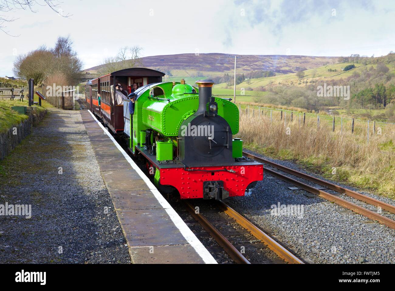 South Tynedale Railway. Steam train Barber 441 0-6-2 arriving at ...