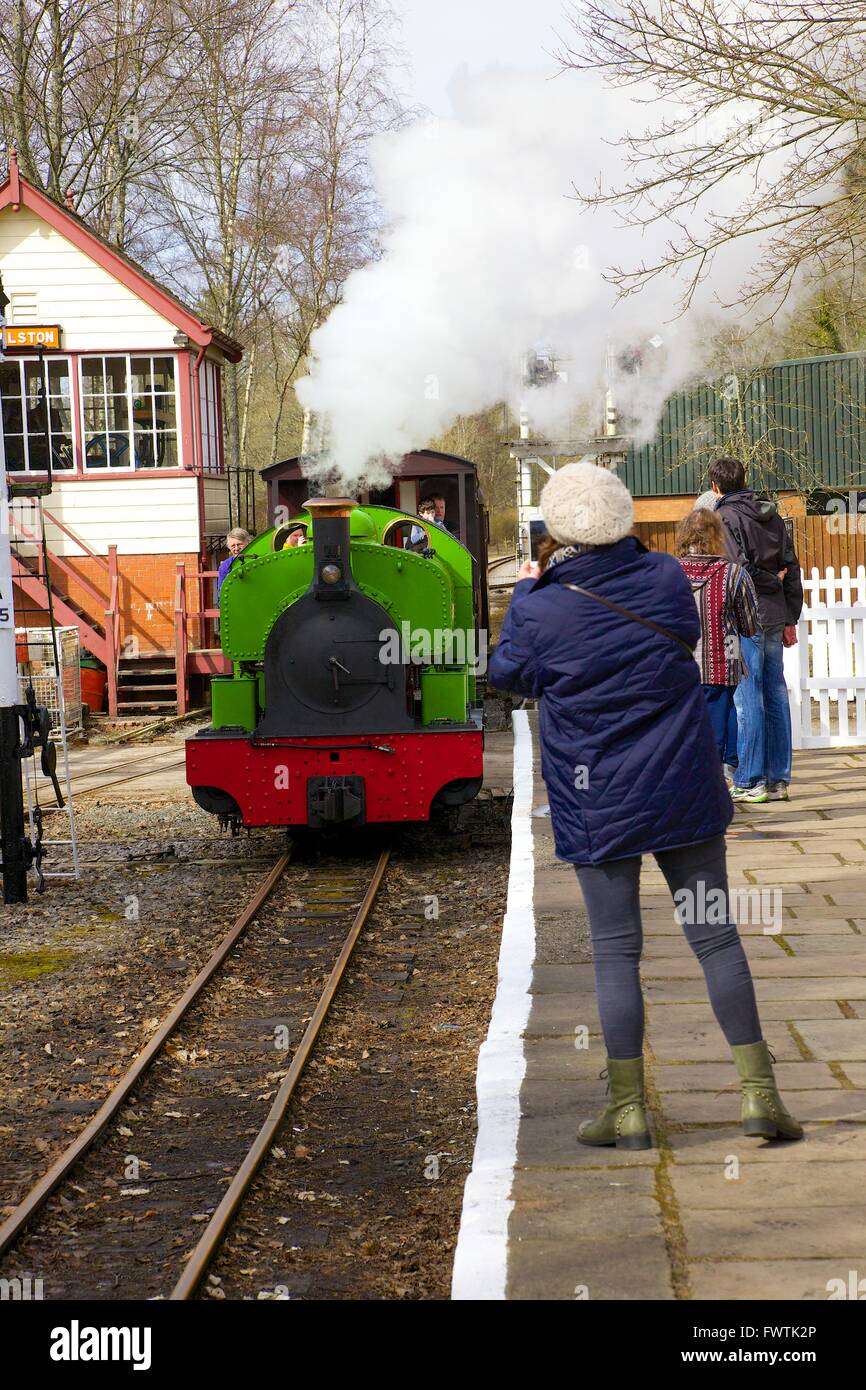 South Tynedale Railway. Steam train Barber 441 0-6-2 arriving at Alston ...