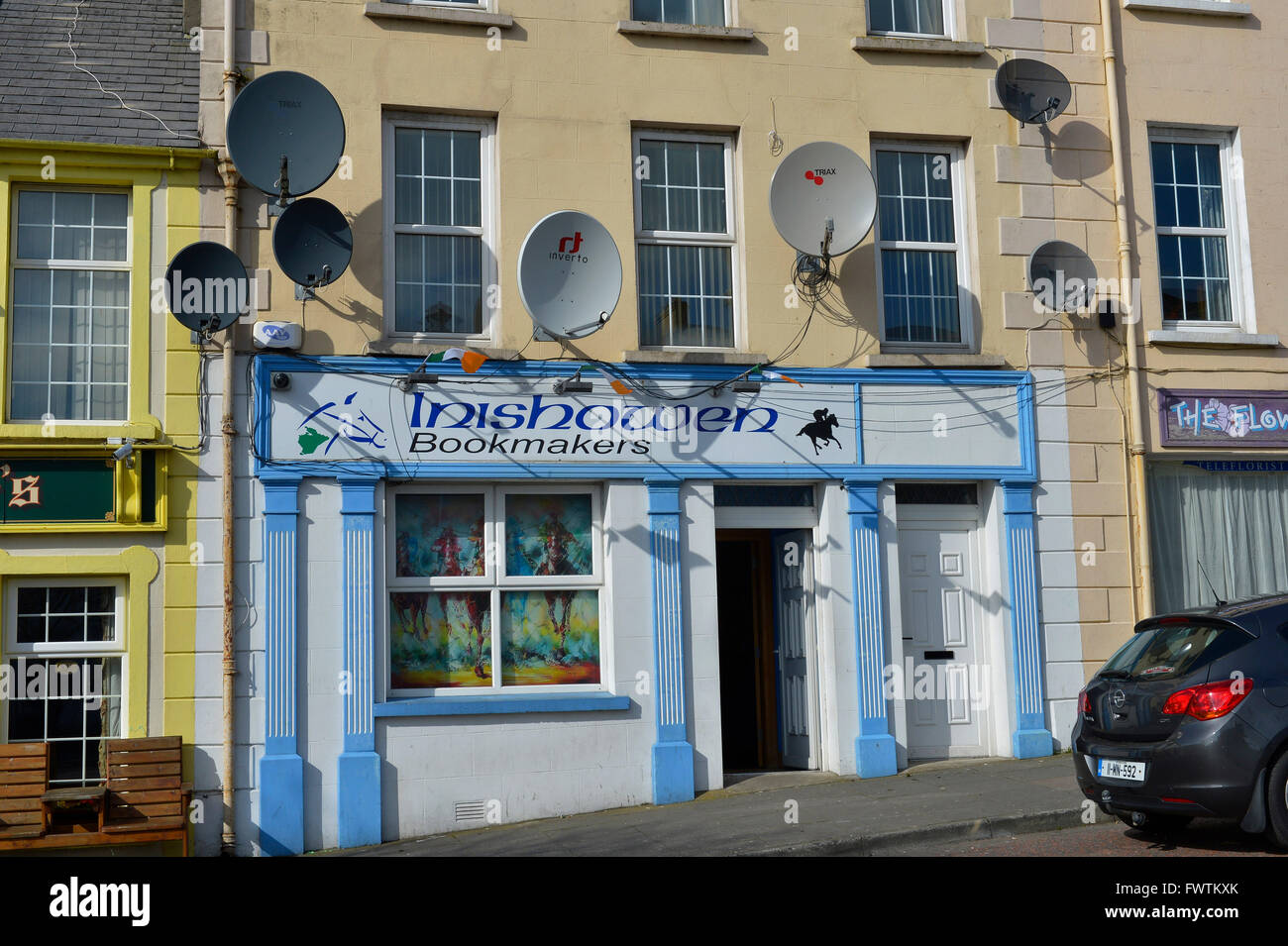Bookmakers shop on Main Street, Moville, Inishowen, County Donegal ...