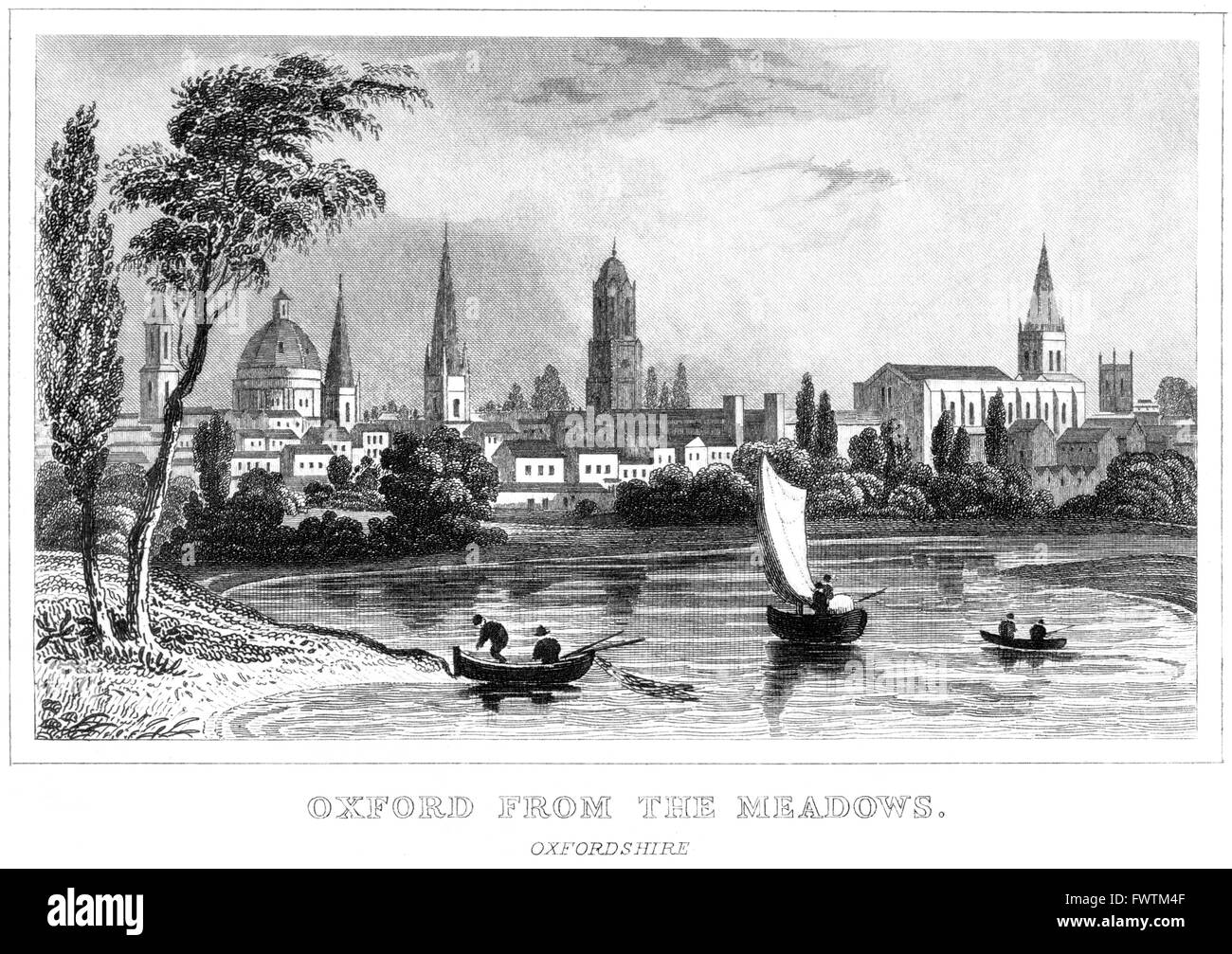 An engraving of a cityscape of the dreaming spires of Oxford from the ...