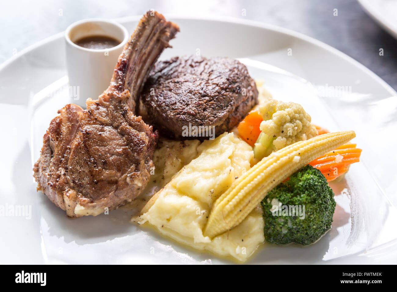 Grilled Lamb steak with mashed potato and vegetable Stock Photo - Alamy