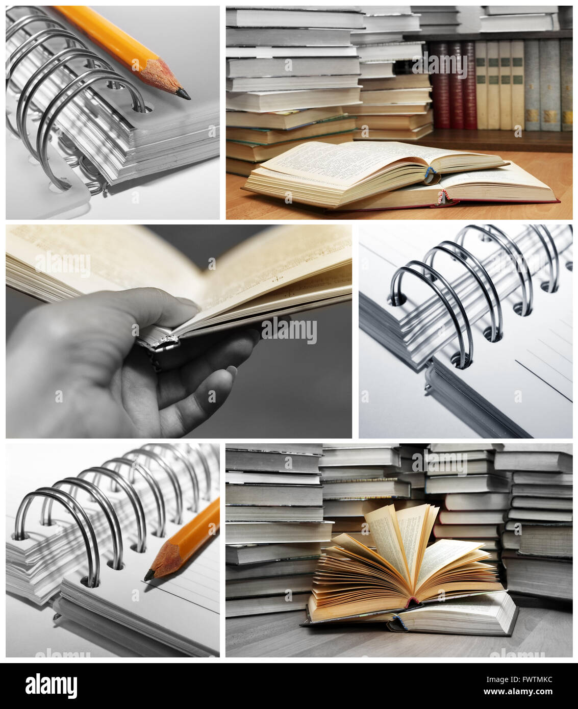 Collage of opened and stacked books Stock Photo - Alamy