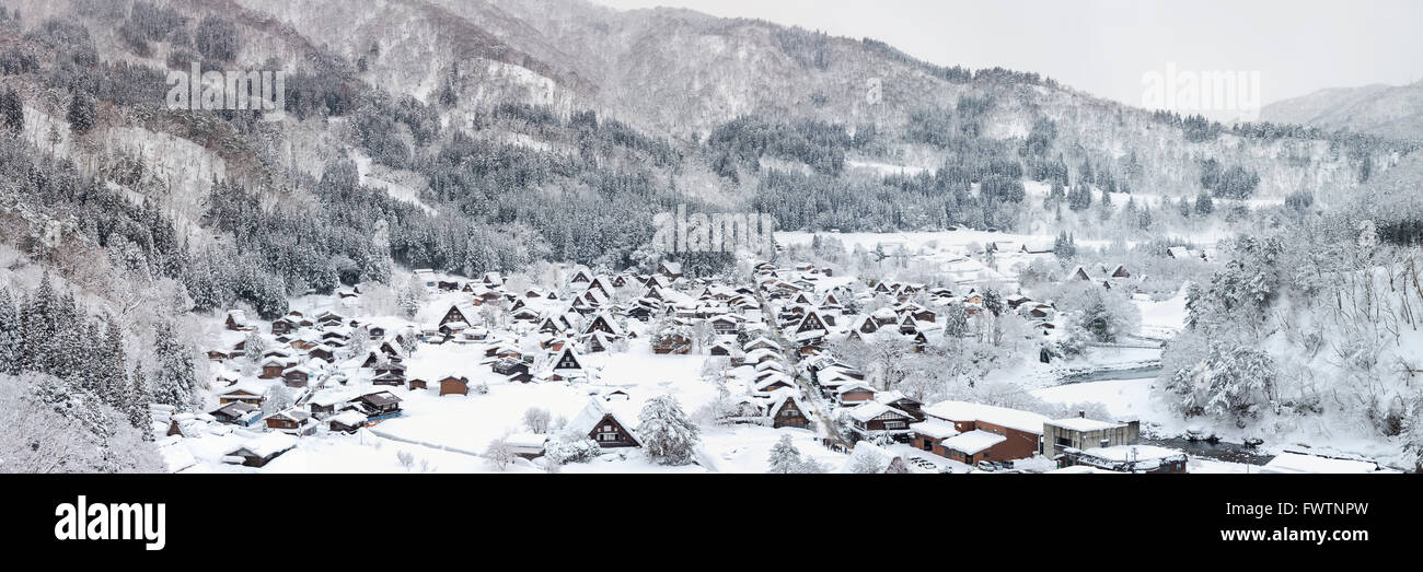 Aerial Shirakawago panorama winter Snow Gifu Chubu Japan Stock Photo ...