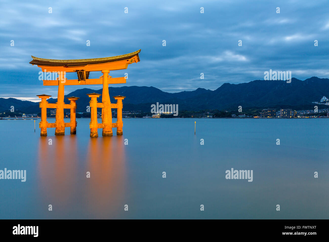 Miyajima, Hiroshima, famed floating torii gate Japan sunset Stock Photo ...