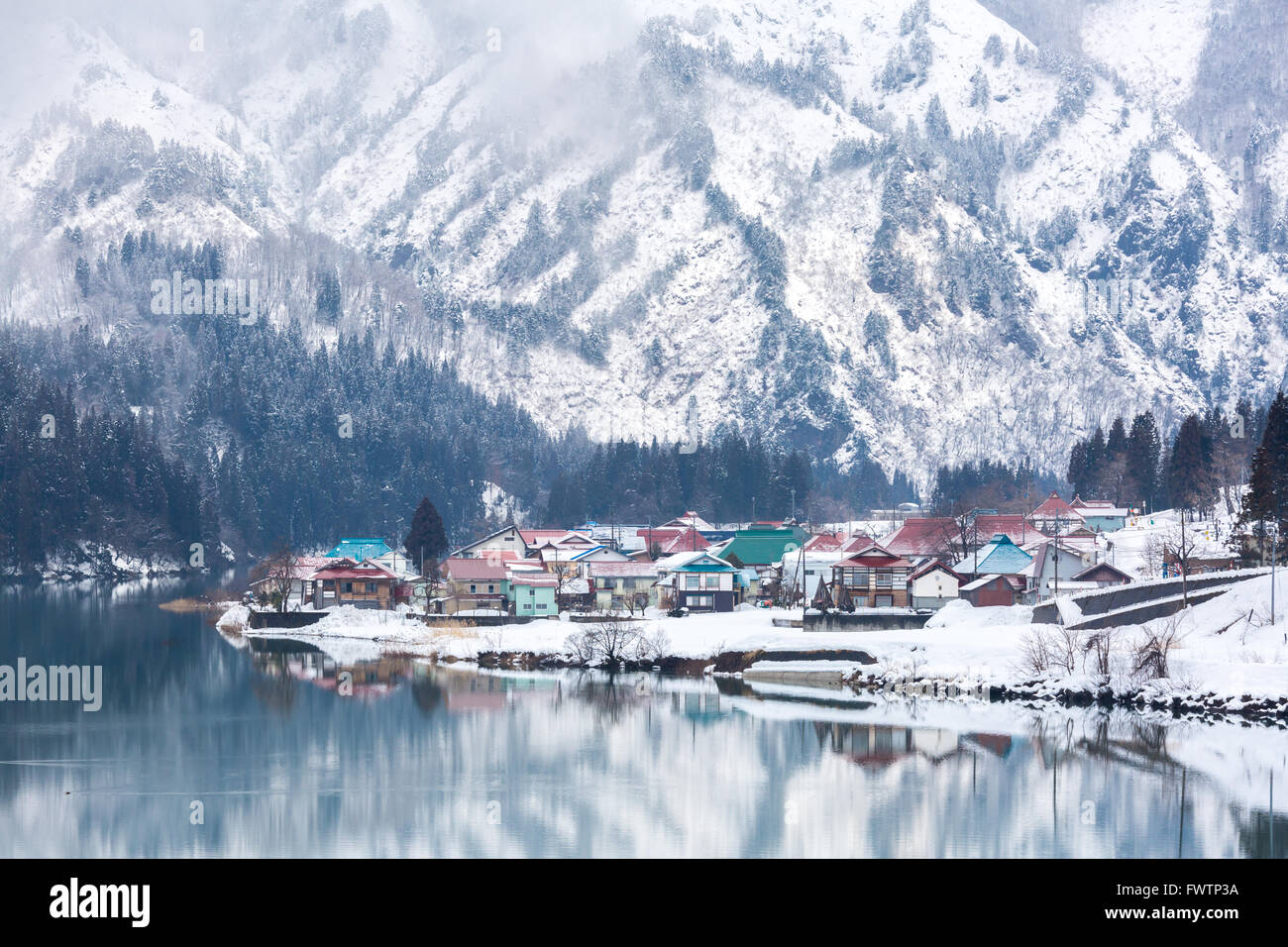 City with winter landscape along Tadami River in Fukushima Japan Stock ...