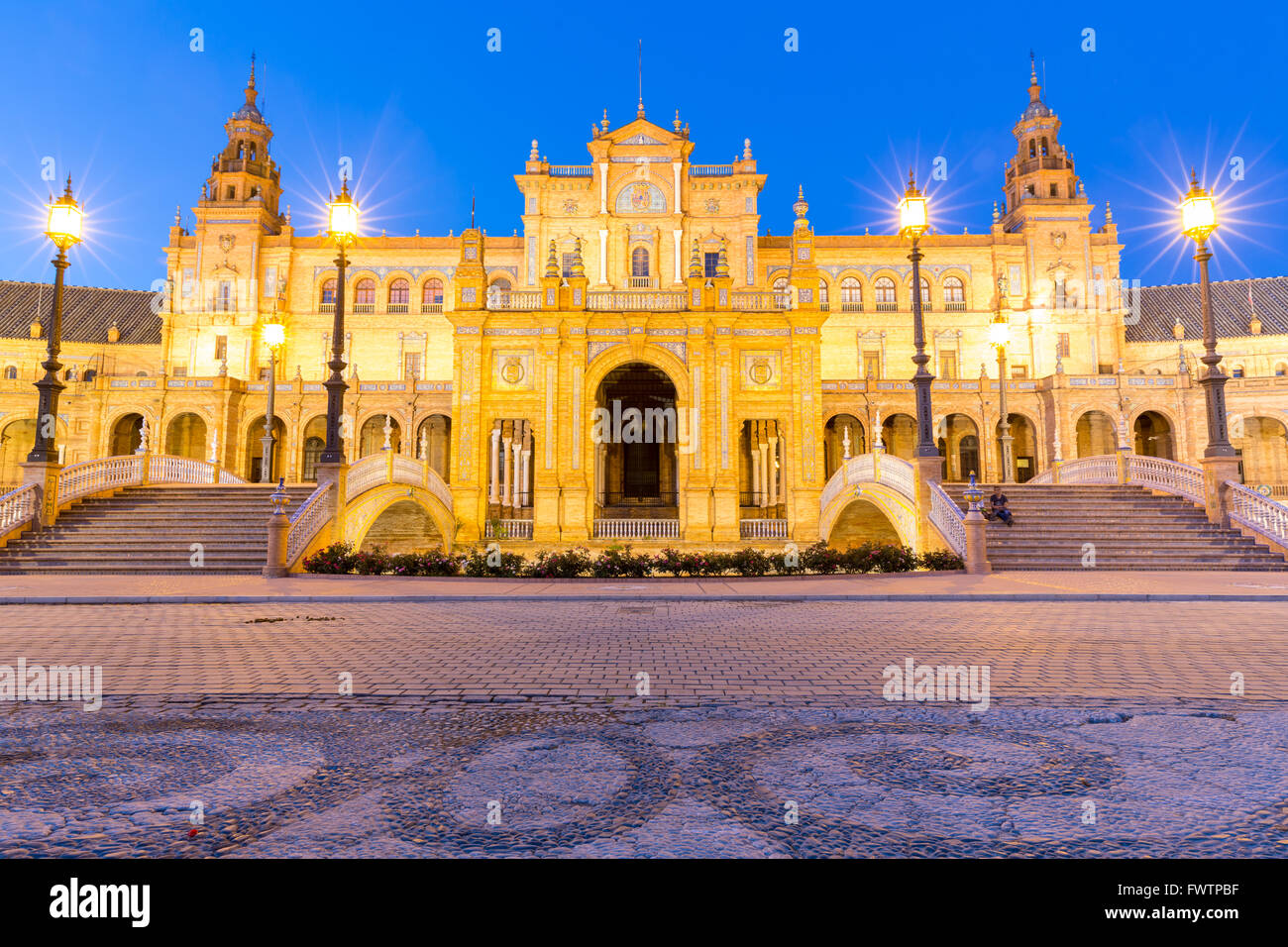 Facade of Spanish Square espana Plaza in Sevilla Spain at dusk Stock ...