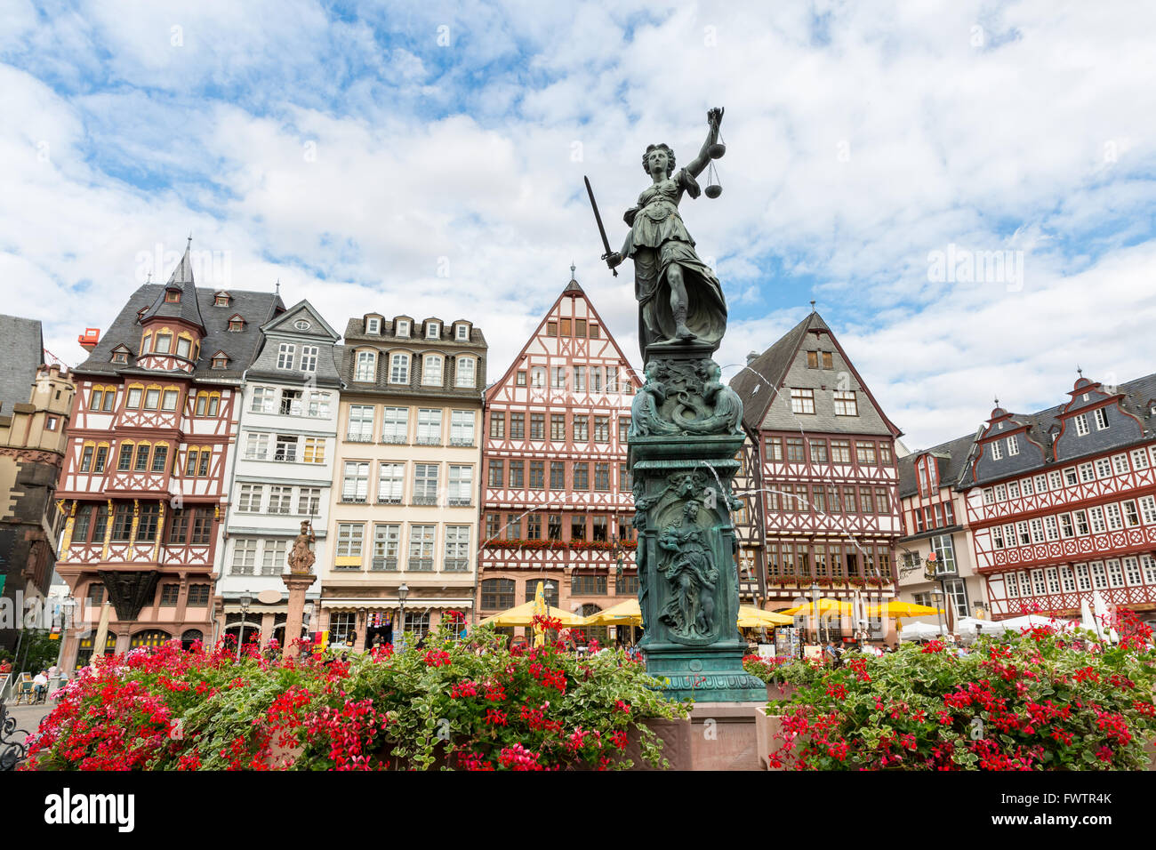 old town square romerberg with Justitia statue in Frankfurt Germany ...