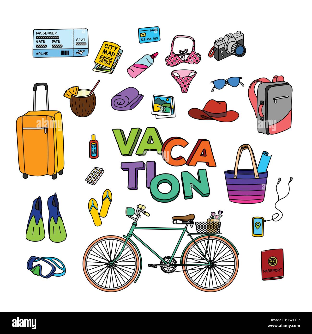 Hand drawn vacation doodle, various stuff related to vacation Stock ...
