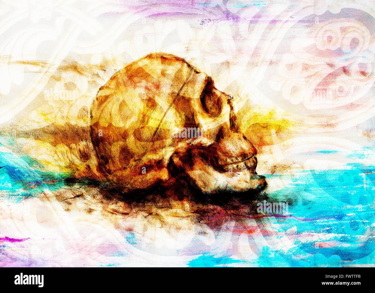 painting skull on paper and abstract color effect with ornament Stock ...