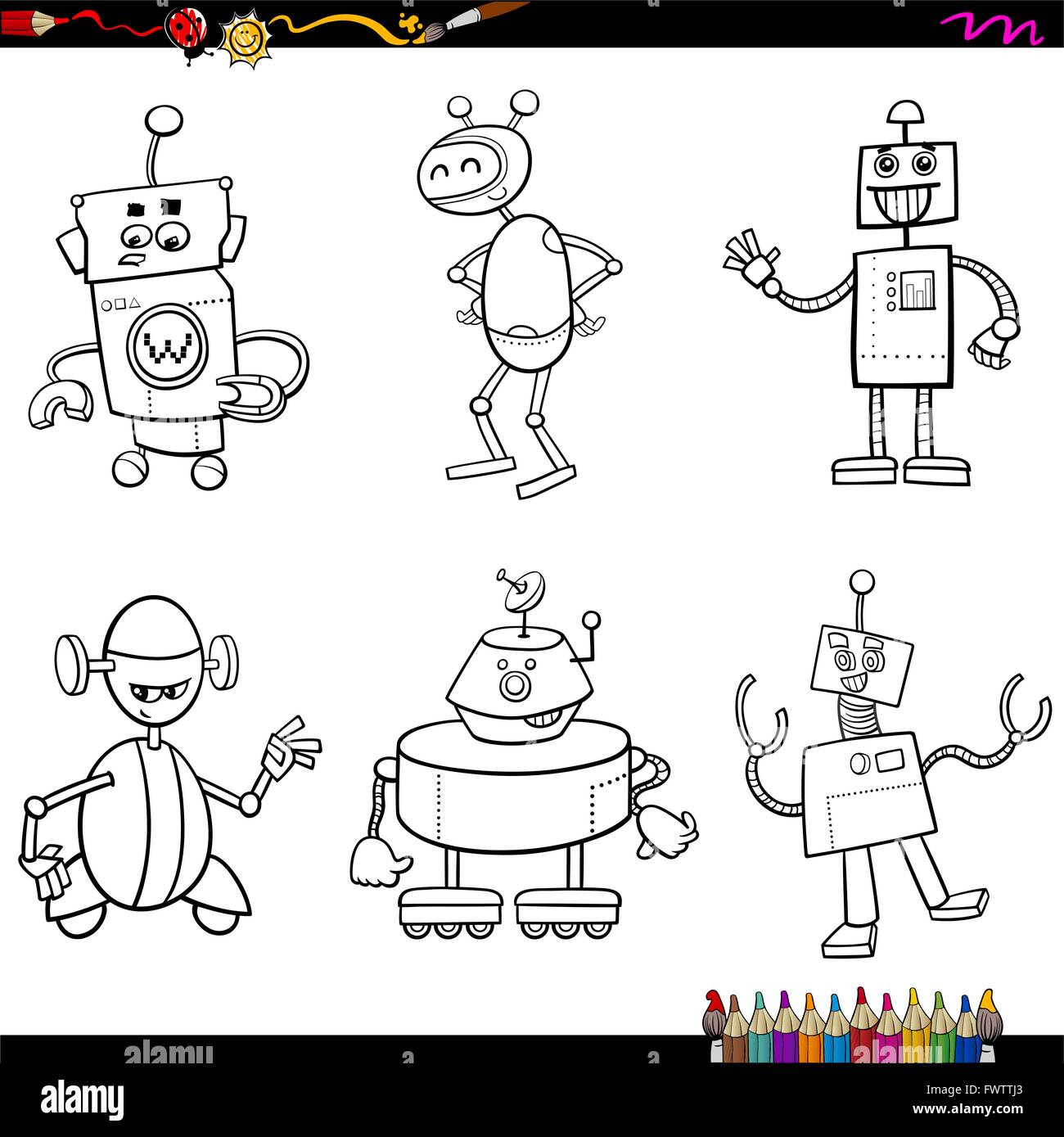 Coloring Book Cartoon Illustration of Fantasy Robot Characters Set ...