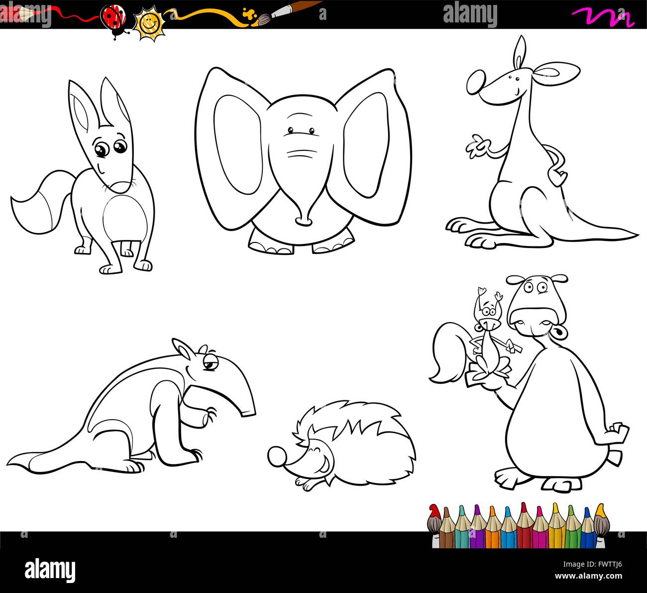 Black and White Cartoon Illustration of Wild Animal Characters Set ...