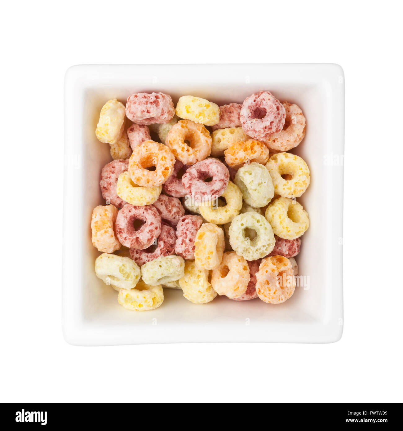 Colorful breakfast cereal in a square bowl isolated on white background ...