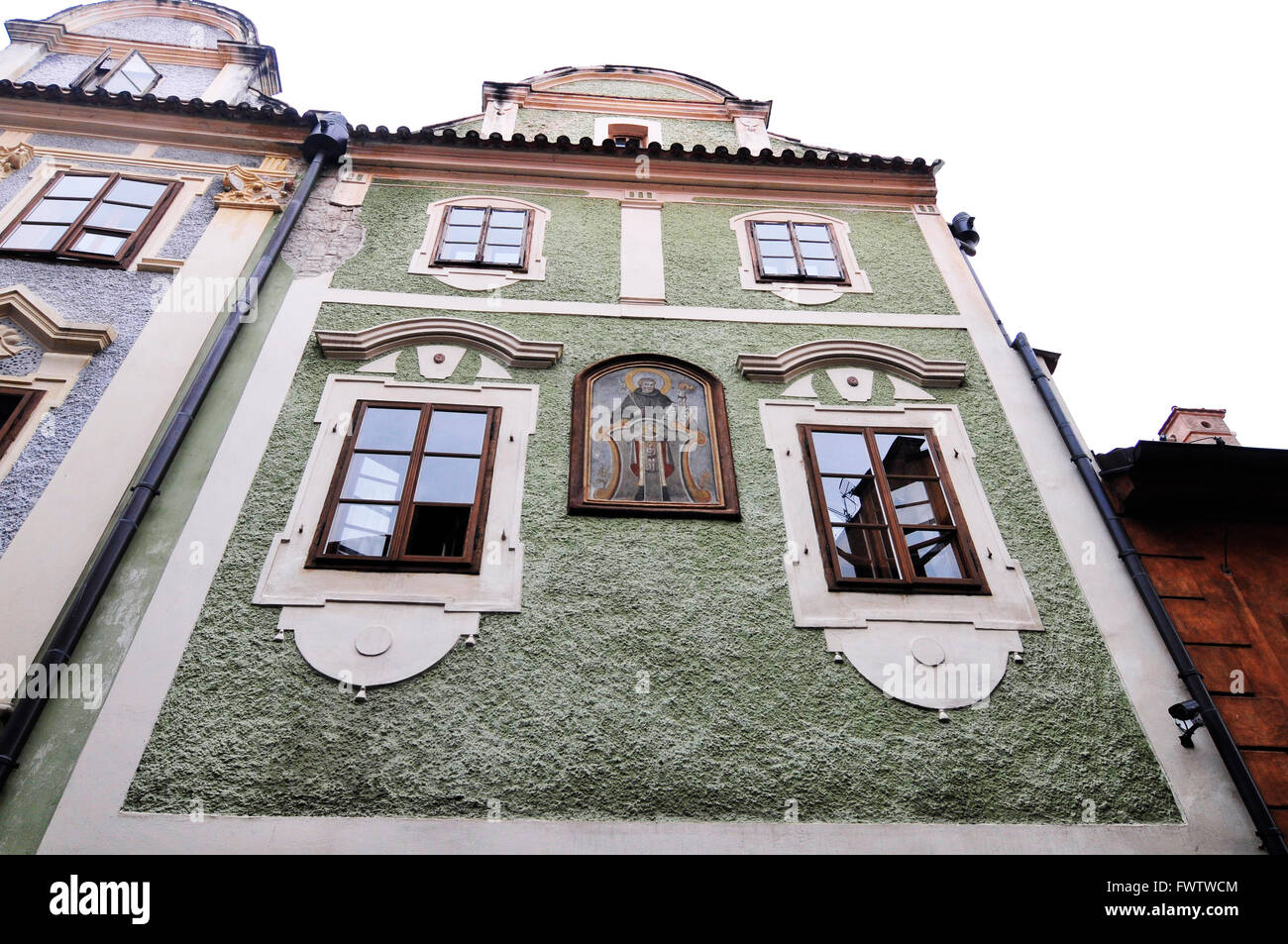 Beautiful facade decoration on the old buildings of Cesky Krumlov, a ...