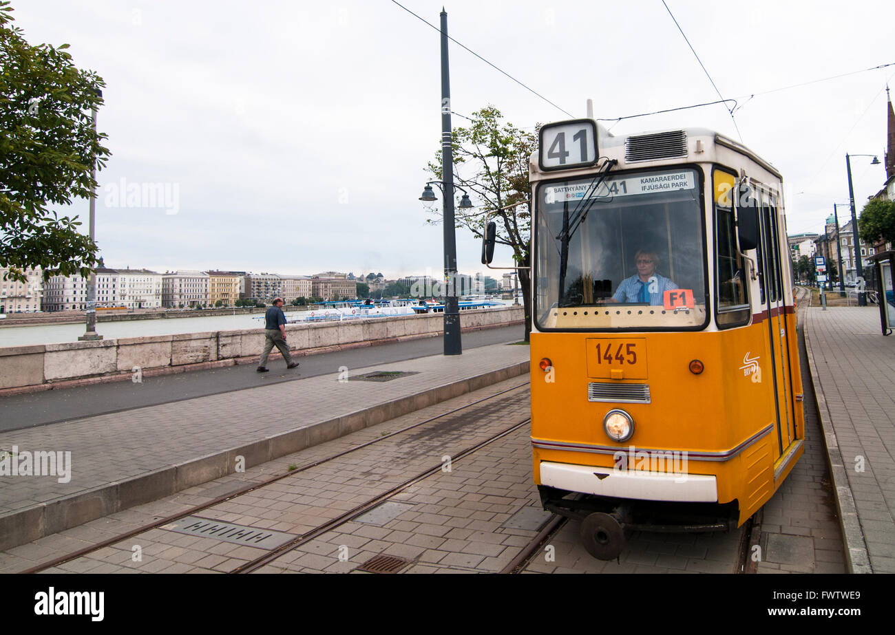 An old tram in Budapest. The tram network in Budapest covers a distance ...