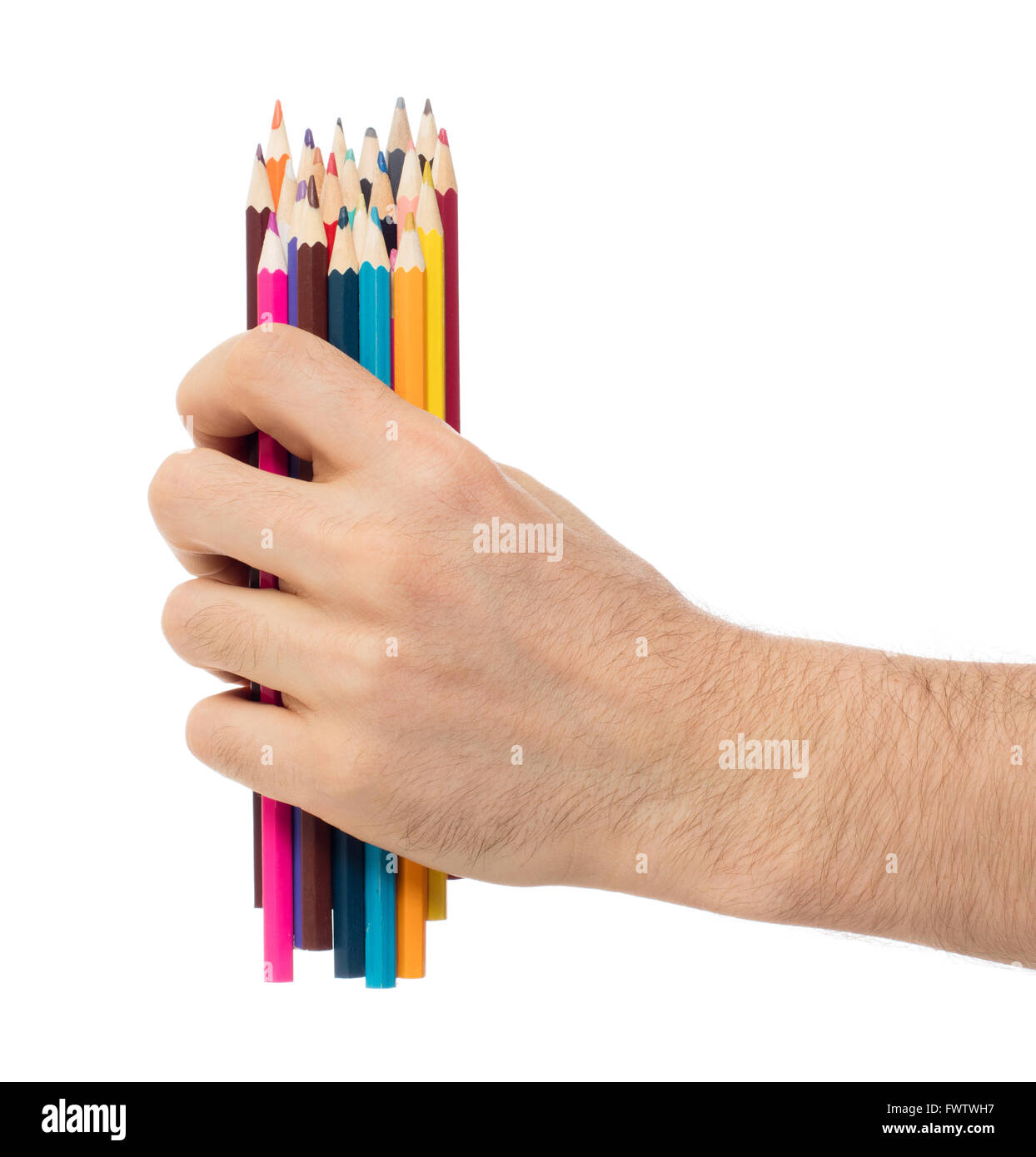 Used pencils in hand isolated on white background Stock Photo - Alamy