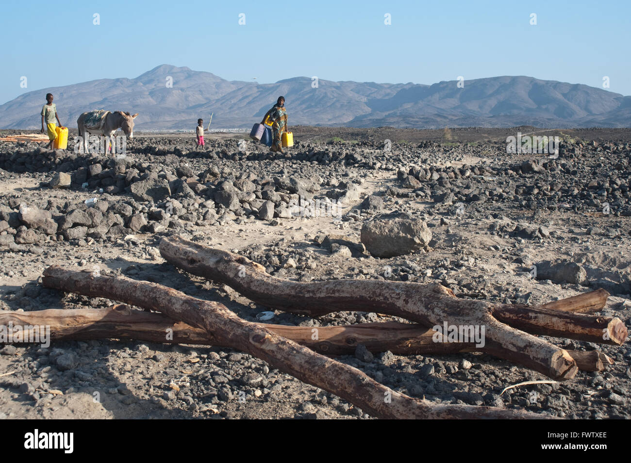 Three Afar tribespeople are walking to fetch water at a water pump ...