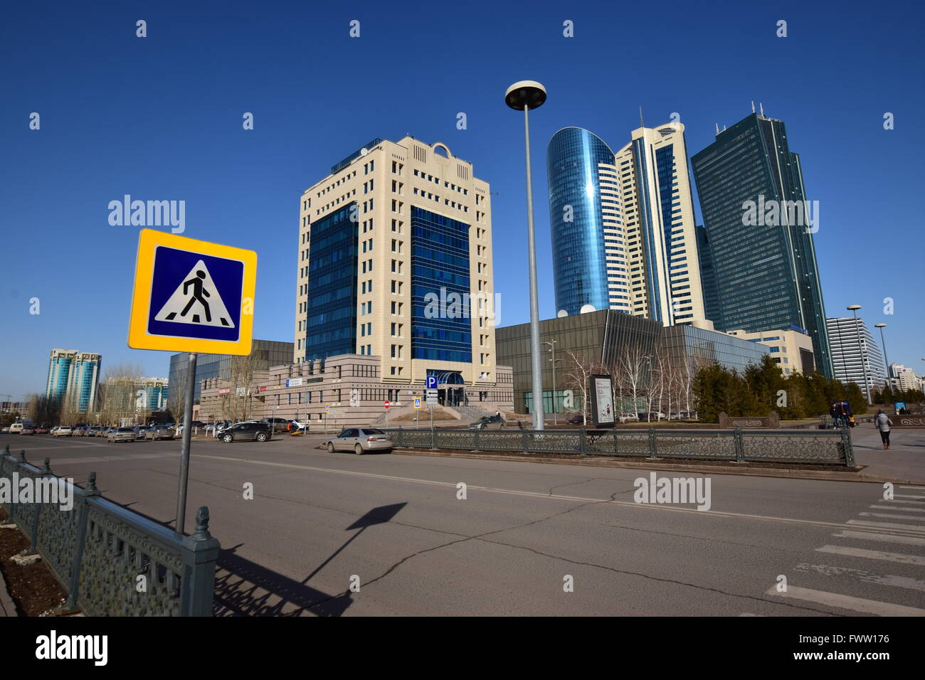 A street view with modern buildings in Astana, capital of Kazakhstan ...