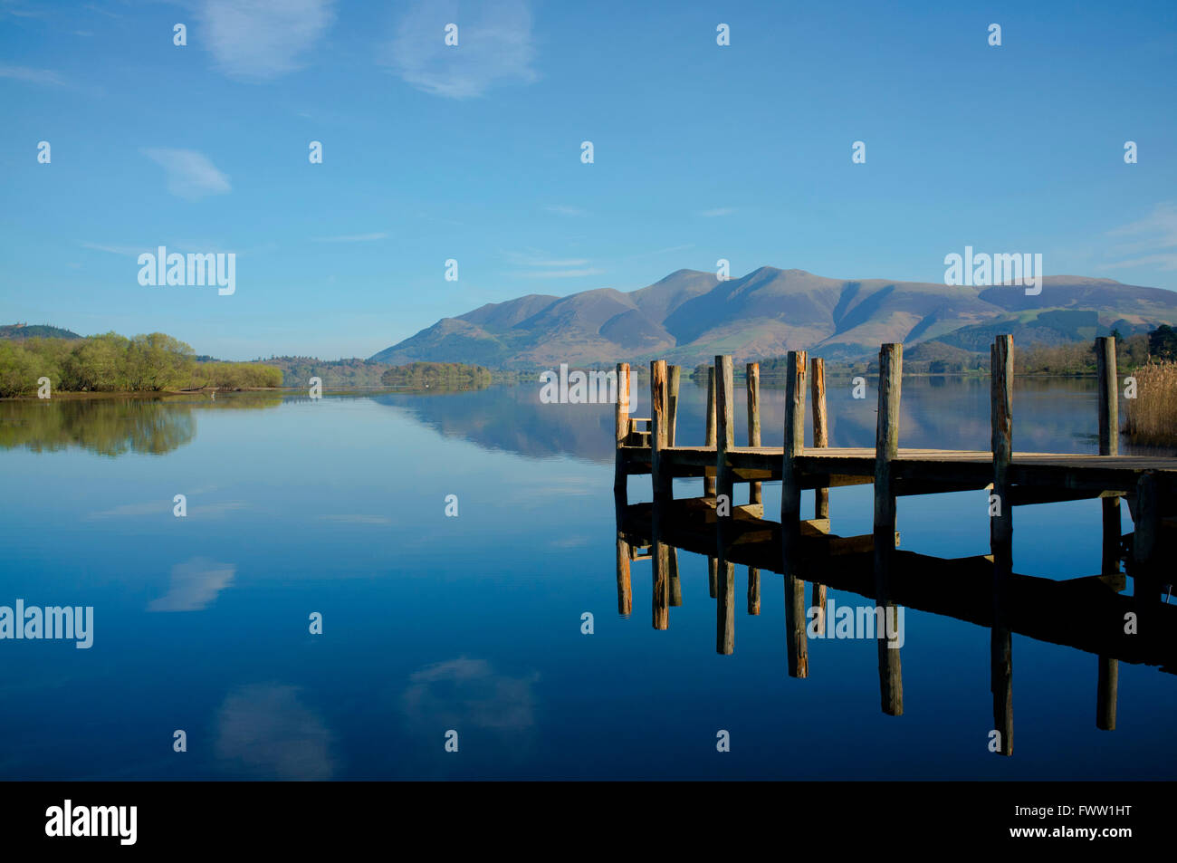 The jetty at the Lodore Falls Landing and a view of the Skiddaw ...