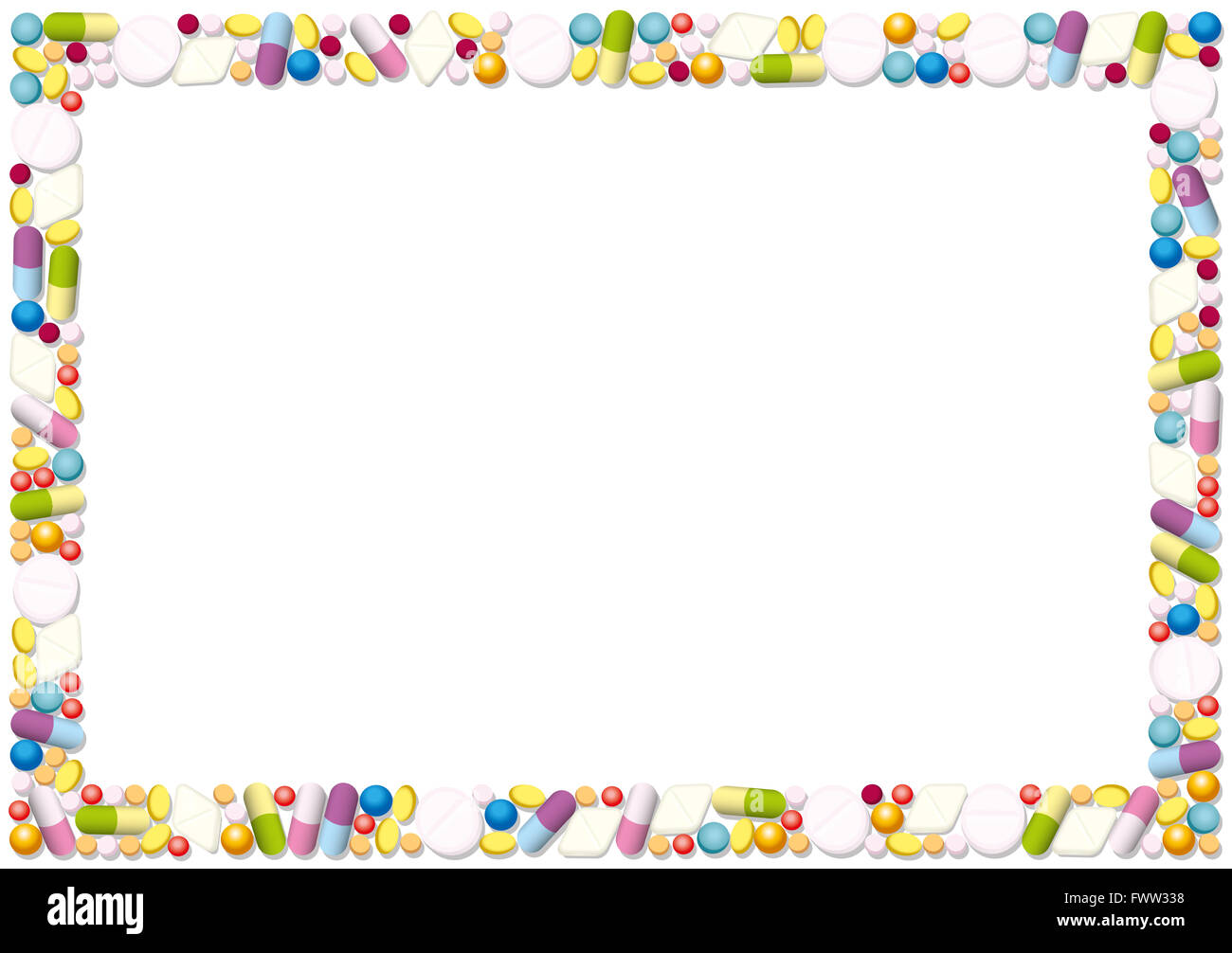 Pills and capsules forming a horizontal frame. Illustration on white ...