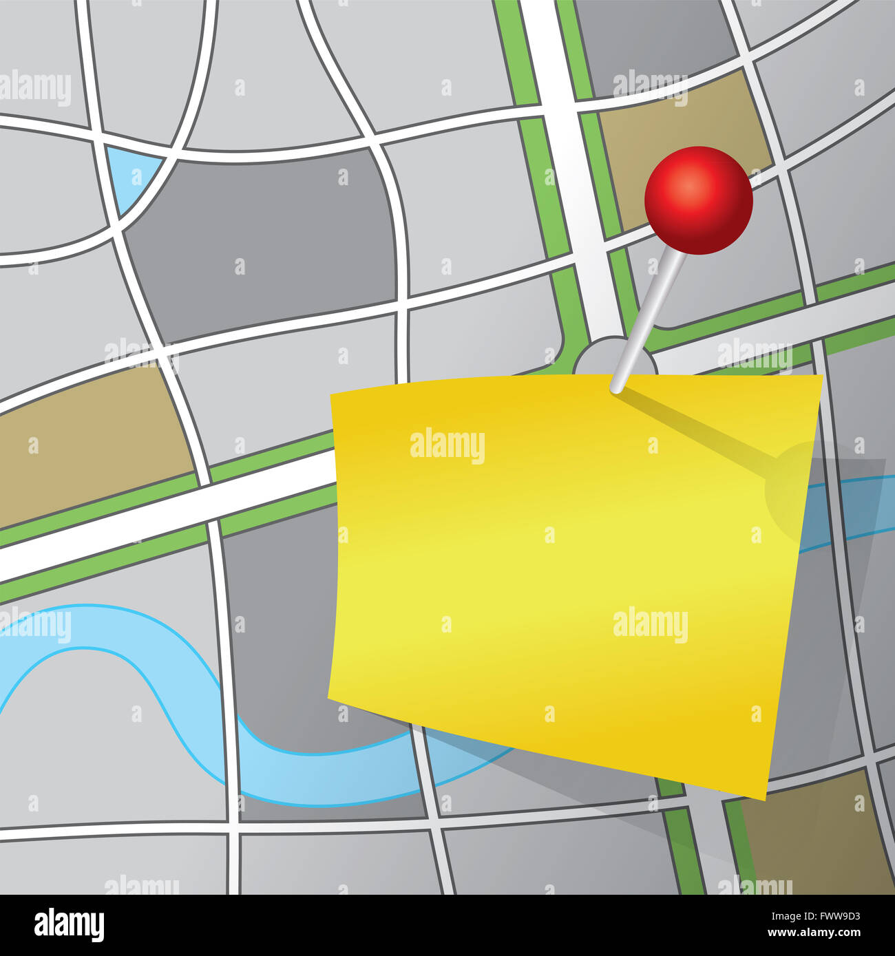 An illustration of a piece of yellow paper pinned to a travel map Stock ...