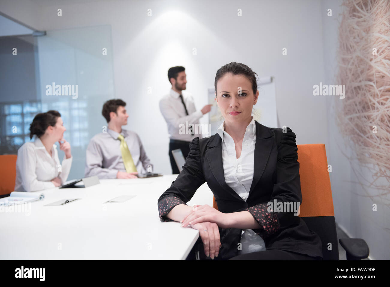 young business woman on meeting usineg laptop computer, blured group of ...