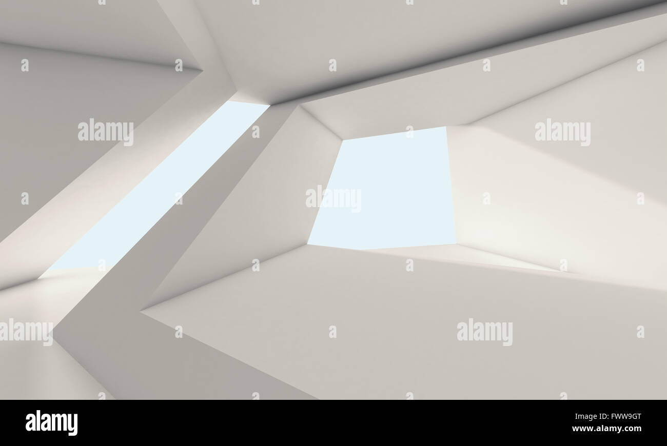 Abstract white room interior with windows and modern geometric ...