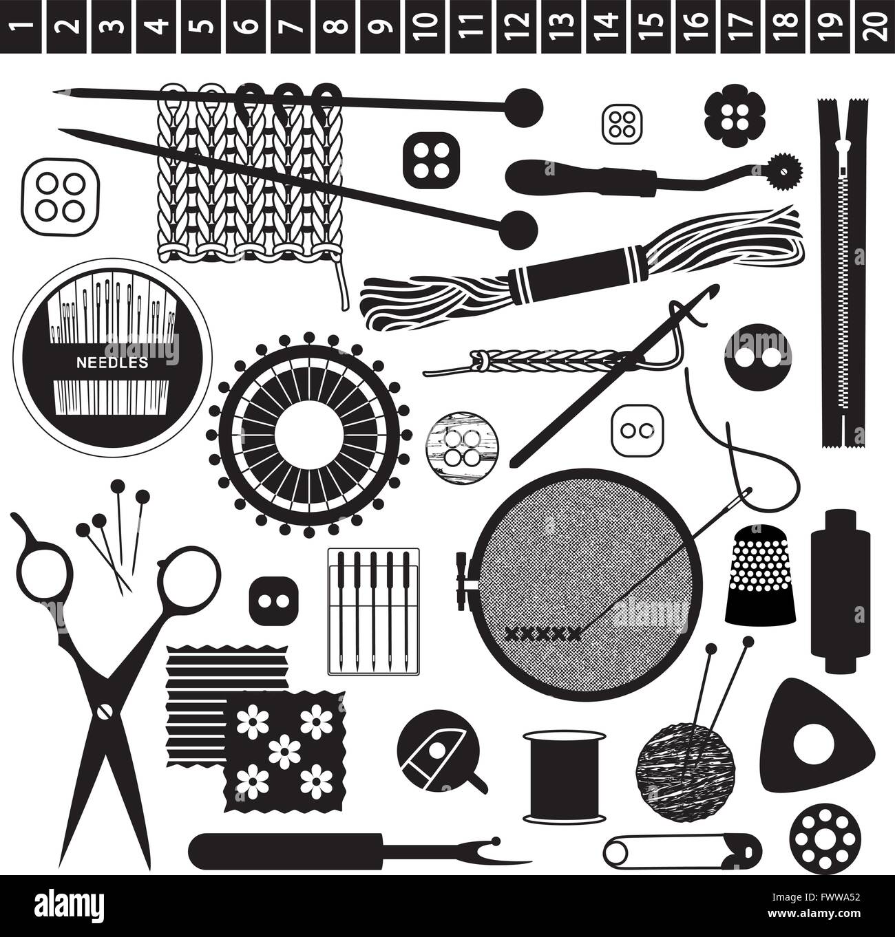 Sewing And Sewing Needlework Related Silhouette Icons Stock Vector