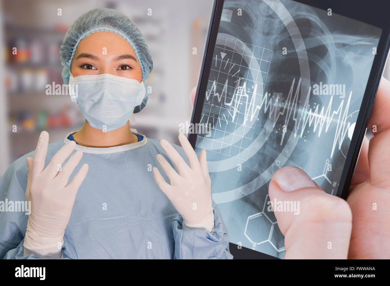Composite image of portrait of surgeon woman reading for surgery Stock ...