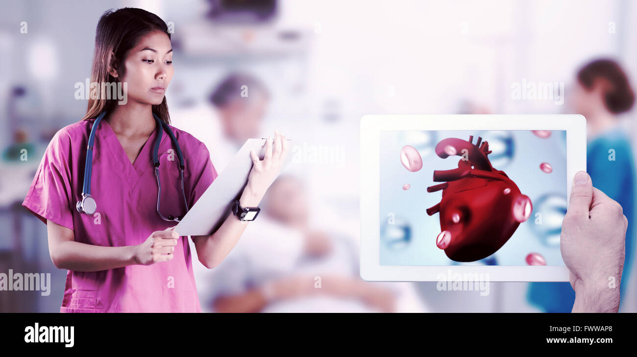 Composite image of asian nurse with stethoscope looking at the camera ...