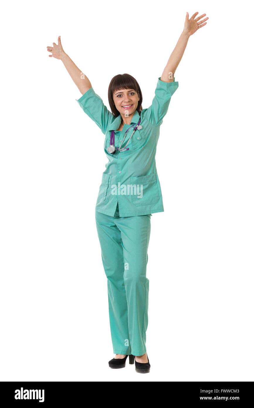 Nurse excited. Happy cheerful woman nurse with arms up. Isolated on ...