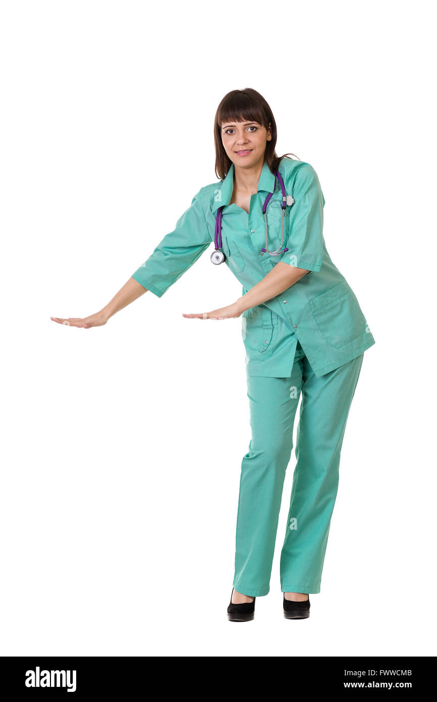 Female doctor pushing or leaning on wall Stock Photo - Alamy
